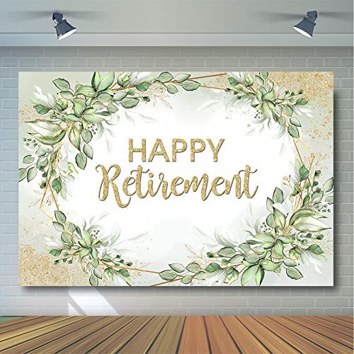 Avezano Sage Green Retirement Party Decorations Sprinkle Gold Dots Happy Retirement Backdrop Greenery Leaves Retire Photoshoot Background Banner (10x8ft)