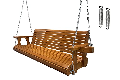 Wooden Porch Swing 3-Seater, Bench Swing with Cupholders, Hanging Chains and 7mm Springs, Heavy Duty 800 LBS, for Outdoor Patio Garden Yard, Brown-5 feet