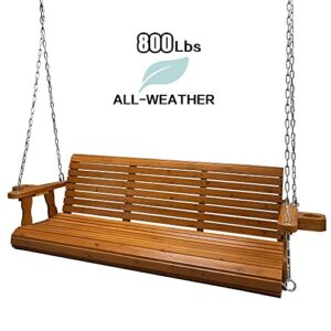 Wooden Porch Swing 3-Seater, Bench Swing with Cupholders, Hanging Chains and 7mm Springs, Heavy Duty 800 LBS, for Outdoor Patio Garden Yard, Brown-5 feet