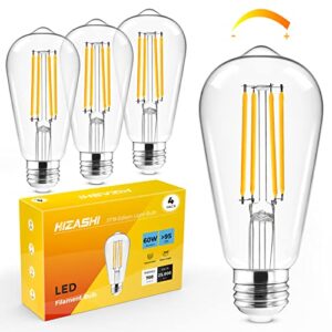 hizashi dimmable edison bulbs 60 watt led, e26 bulb 2700k warm white st19 vintage light bulbs, 95+cri, ul listed,700lm 6w e26 medium base, clear glass, pack of 4