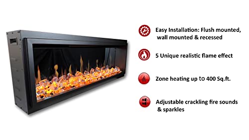 Litedeer Homes Latitude II 58" Smart Electric Fireplace with App, Crackling Fire Sounds, Diamond-Like Crystal, Black - ZEF58VC