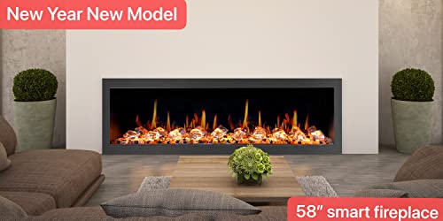 Litedeer Homes Latitude II 58" Smart Electric Fireplace with App, Crackling Fire Sounds, Diamond-Like Crystal, Black - ZEF58VC