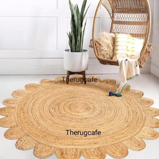 4x4, 5x5, 6x6, Natural Jute Scallop Round Rug, Floor Natural Scalloped Edge Rug Braided Boho Eco Large Circular Handmade Area Rugs (4x4 Ft Round Rug)