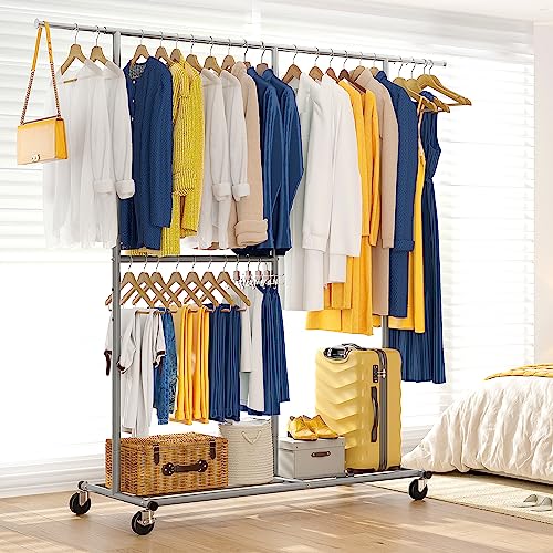 Raybee Clothes Rack Heavy Duty 405LBS Clothing Racks for Hanging Clothes 200+ Rolling Clothes Rack with Wheels Garment Rack Heavy Duty Clothing Rack with Shelves Portable Clothes Rack,Metal,Silver