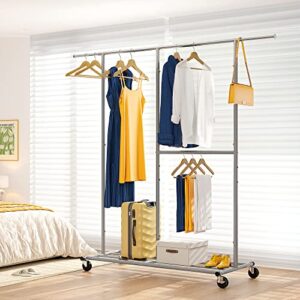 Raybee Clothes Rack Heavy Duty 405LBS Clothing Racks for Hanging Clothes 200+ Rolling Clothes Rack with Wheels Garment Rack Heavy Duty Clothing Rack with Shelves Portable Clothes Rack,Metal,Silver