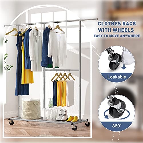 Raybee Clothes Rack Heavy Duty 405LBS Clothing Racks for Hanging Clothes 200+ Rolling Clothes Rack with Wheels Garment Rack Heavy Duty Clothing Rack with Shelves Portable Clothes Rack,Metal,Silver