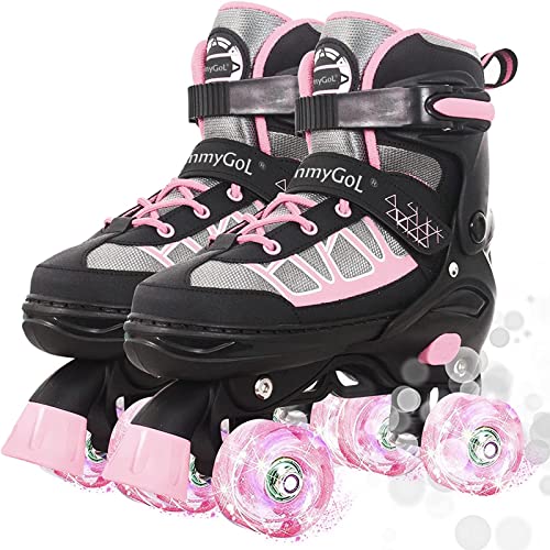 MammyGol Roller Skates for Kids Boys Girls, Adjustable Quad Skates with Light Up Wheels for Toddler Little Kids Ages 6-12 Size 1 2 3 4, Beginners Outdoor Sports, Pink