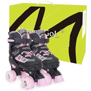 MammyGol Roller Skates for Kids Boys Girls, Adjustable Quad Skates with Light Up Wheels for Toddler Little Kids Ages 6-12 Size 1 2 3 4, Beginners Outdoor Sports, Pink