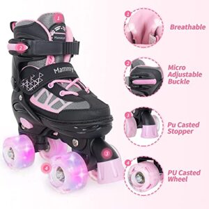 MammyGol Roller Skates for Kids Boys Girls, Adjustable Quad Skates with Light Up Wheels for Toddler Little Kids Ages 6-12 Size 1 2 3 4, Beginners Outdoor Sports, Pink