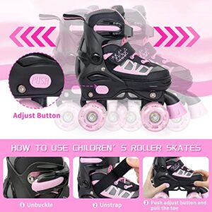 MammyGol Roller Skates for Kids Boys Girls, Adjustable Quad Skates with Light Up Wheels for Toddler Little Kids Ages 6-12 Size 1 2 3 4, Beginners Outdoor Sports, Pink