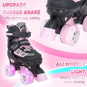 MammyGol Roller Skates for Kids Boys Girls, Adjustable Quad Skates with Light Up Wheels for Toddler Little Kids Ages 6-12 Size 1 2 3 4, Beginners Outdoor Sports, Pink