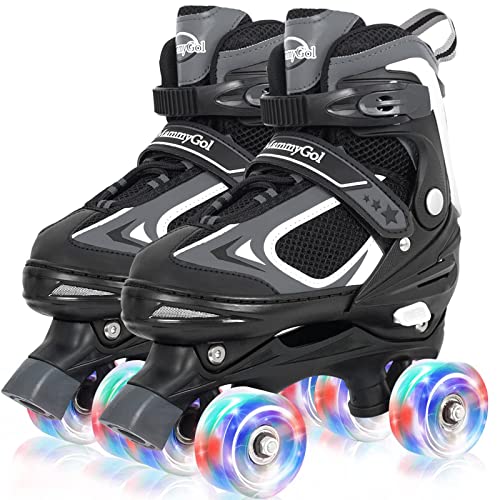 MammyGol Roller Skates for Boys Girls, 4 Sizes Adjustable Quad Skates for Kids with All Light up Wheels, Full Protection for Toddler's Indoor and Outdoor Play Black Size 1 2 3