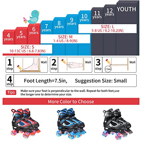 MammyGol Roller Skates for Boys Girls, 4 Sizes Adjustable Quad Skates for Kids with All Light up Wheels, Full Protection for Toddler's Indoor and Outdoor Play Black Size 1 2 3