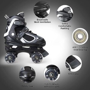 MammyGol Roller Skates for Boys Girls, 4 Sizes Adjustable Quad Skates for Kids with All Light up Wheels, Full Protection for Toddler's Indoor and Outdoor Play Black Size 1 2 3