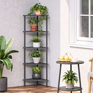 HOOBRO Corner Shelf, Industrial 5-Tier Wall Corner Bookshelf with Metal Frame, Corner Shelf Stand Display Plant Flower, Corner Bookcase for Small Spaces, Bedroom, Living Room, Black BK33CJ01