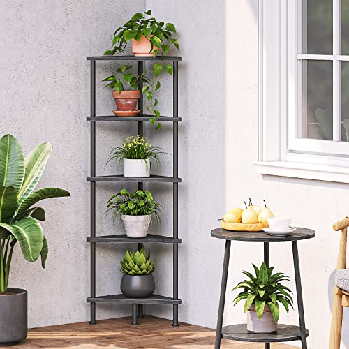 HOOBRO Corner Shelf, Industrial 5-Tier Wall Corner Bookshelf with Metal Frame, Corner Shelf Stand Display Plant Flower, Corner Bookcase for Small Spaces, Bedroom, Living Room, Black BK33CJ01