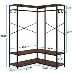 Tribesigns Large Garment Rack L Shaped Clothes Rack Heavy Duty Wood Clothing Rack Freestanding Closet Rackwith 2-Tier Storage Shelves and 6 Hooks for Hanging Clothes, 43" L x 43" W x 70" H