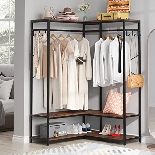 Tribesigns Large Garment Rack L Shaped Clothes Rack Heavy Duty Wood Clothing Rack Freestanding Closet Rackwith 2-Tier Storage Shelves and 6 Hooks for Hanging Clothes, 43" L x 43" W x 70" H