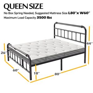 BOSRII Queen Size Bed Frame with Headbaord and Footboard, 18 Inches High, 3500 Pounds Heavy Duty Metal Slats Support for Mattress, No Box Spring Needed, Noise-Free, Black