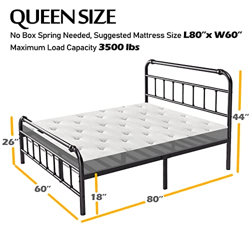 BOSRII Queen Size Bed Frame with Headbaord and Footboard, 18 Inches High, 3500 Pounds Heavy Duty Metal Slats Support for Mattress, No Box Spring Needed, Noise-Free, Black