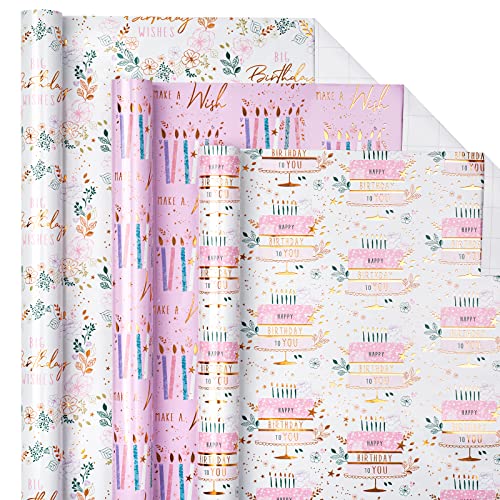 LeZakaa Birthday Wrapping Paper Roll - Mini Roll - Cake/Flower/Candle Print for Girl, Women Gift Wrapping - 17 x 120 inches, 3 Rolls (42.5 sq.ft.ttl.)