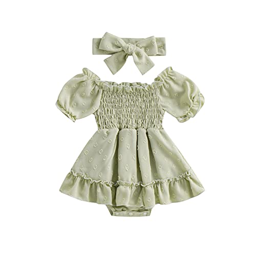 Infant Baby Girls Romper Dress Dot Pattern Short Sleeve Ruched Jumpsuits Skirts Hem Bodysuits Headband (Green dots, 6-12 Months)