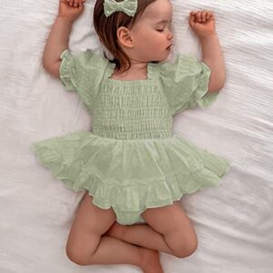 Infant Baby Girls Romper Dress Dot Pattern Short Sleeve Ruched Jumpsuits Skirts Hem Bodysuits Headband (Green dots, 6-12 Months)