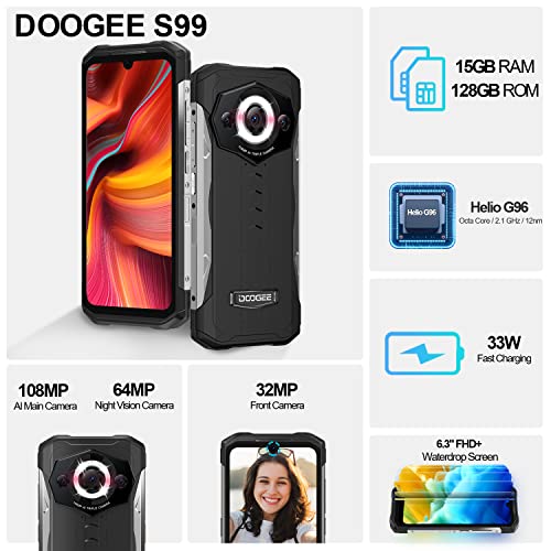 DOOGEE S99 (2023) Rugged Smartphone, 15GB+128GB Rugged Phone Unlocked, 108MP Triple Camera, 64MP Night Vision, 6.3" FHD+ IP68 Waterproof Phones, Dual 4G Rugged Cell Phone, 6000mAh Battery, NFC, OTG