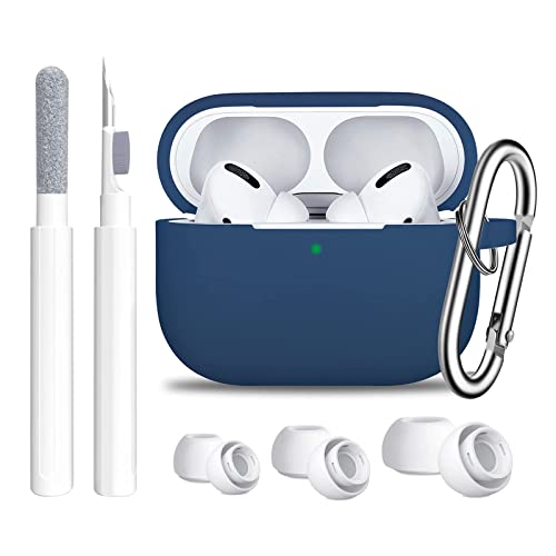 SUPFINE (3 in 1) Airpods Pro Case with Cleaner kit & Replacement Ear Tips, Soft Silicone Protective Cover with Keychain, Cleaning Pen for Airpod Eartips with Noise Reduction Hole (S/M/L) Deep Blue