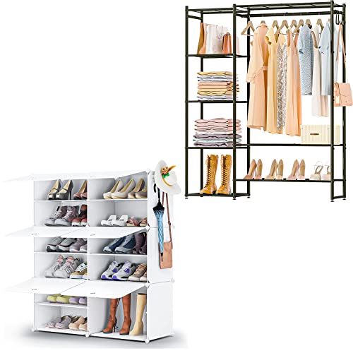 Neprock 6 Tier White Shoe Rack Organizer Bundle with Clothing Rack with Shelves