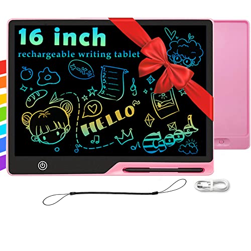 16 Inch Rechargeable LCD Writing Tablet, Colorful Doodle Board Drawing Tablet for Kids, Reusable Electronic Drawing Pads Educational Toys, Gift for Boys Girls, Pink