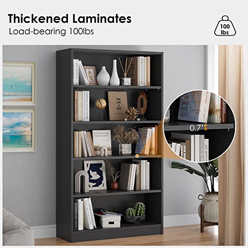 STARY 5 Shelf Bookcase Carbon Black Tall Bookshelf for Bedroom 5 Tier Modern Wood Bookshelf 33" Wide 60" Tall