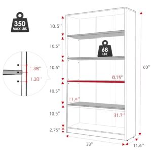 STARY 5 Shelf Bookcase Carbon Black Tall Bookshelf for Bedroom 5 Tier Modern Wood Bookshelf 33" Wide 60" Tall