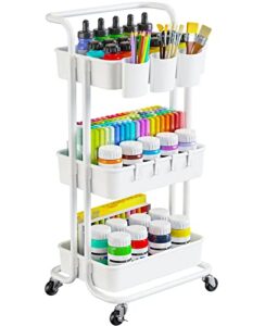 pipishell 3-tier rolling cart with wheels - rolling storage cart with hanging cups & hooks - mobile utility cart for office, kitchen, craft room - art & craft organizer (white, piuc06w)"