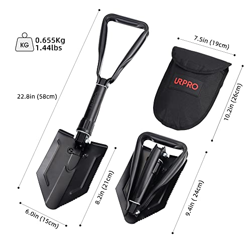 URPRO Folding Survival Shovel w/Pick, Portable Carbon Steel Handle and Blade, Entrenching, Military, Firefighting, Trenching Tool, for Camping, Gardening, Digging, Sand, Mud & Snow