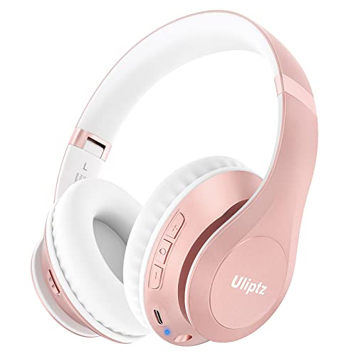 Uliptz Wireless Bluetooth Headphones, 65H Playtime, 6EQ Sound Modes, HiFi Stereo Over Ear Headphones with Microphone, Foldable Bluetooth 5.3 Headphones for Travel/Office/Cellphone/PC (Rose Gold)