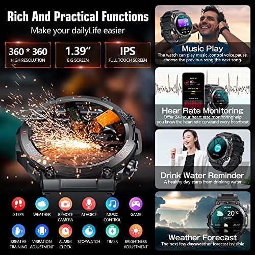 Smart Watches for Men,1.39” Military Grade Waterproof Fitness watches with Bluetooth(Answer/Make Call) ,Smartwatch for Android and iPhone Compatible, with Heart Rate, blood pressure, body temperature