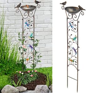 lewis&wayne garden trellis bird bath outdoor, 43.5 inch antique iron garden plant trellis decorative with dragonfly and detachable drinking basin bowl, free standing birdbath birdfeeder station