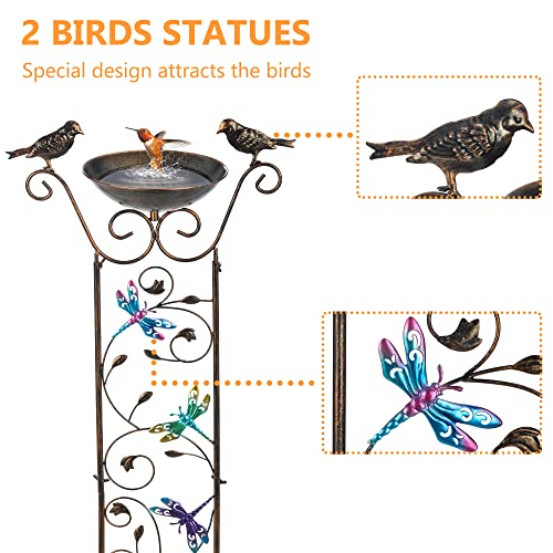 LEWIS&WAYNE Garden Trellis Bird Bath Outdoor, 43.5 Inch Antique Iron Garden Plant Trellis Decorative with Dragonfly and Detachable Drinking Basin Bowl, Free Standing BirdBath Birdfeeder Station