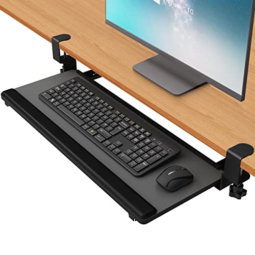 EQEY Keyboard Tray Under Desk Slide,Clamp On Keyboard Tray Under Desk Keyboard Tray Slide Out with Sturdy C-Clamp Mount & Wrist Support Pad Keyboard Drawer for Desk (26 x 10 inch) Grey