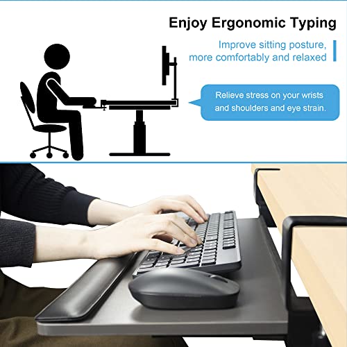 EQEY Keyboard Tray Under Desk Slide,Clamp On Keyboard Tray Under Desk Keyboard Tray Slide Out with Sturdy C-Clamp Mount & Wrist Support Pad Keyboard Drawer for Desk (26 x 10 inch) Grey