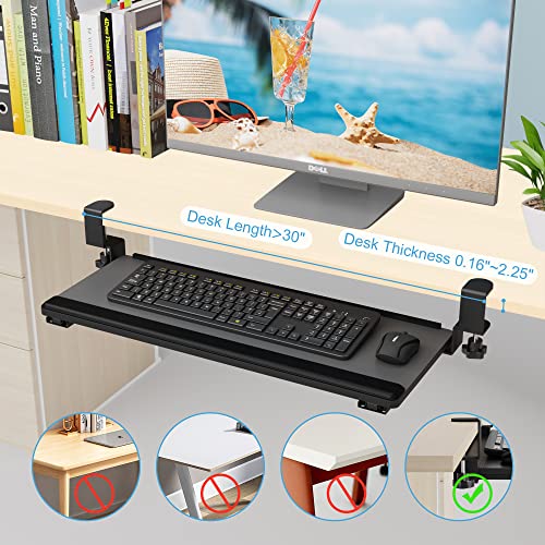 EQEY Keyboard Tray Under Desk Slide,Clamp On Keyboard Tray Under Desk Keyboard Tray Slide Out with Sturdy C-Clamp Mount & Wrist Support Pad Keyboard Drawer for Desk (26 x 10 inch) Grey