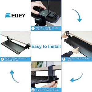 EQEY Keyboard Tray Under Desk Slide,Clamp On Keyboard Tray Under Desk Keyboard Tray Slide Out with Sturdy C-Clamp Mount & Wrist Support Pad Keyboard Drawer for Desk (26 x 10 inch) Grey