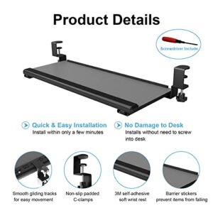 EQEY Keyboard Tray Under Desk Slide,Clamp On Keyboard Tray Under Desk Keyboard Tray Slide Out with Sturdy C-Clamp Mount & Wrist Support Pad Keyboard Drawer for Desk (26 x 10 inch) Grey