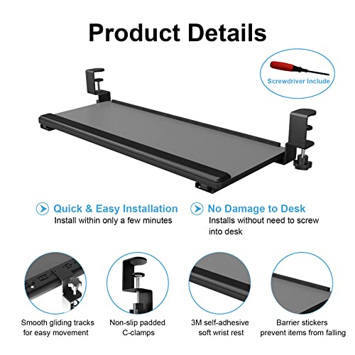 EQEY Keyboard Tray Under Desk Slide,Clamp On Keyboard Tray Under Desk Keyboard Tray Slide Out with Sturdy C-Clamp Mount & Wrist Support Pad Keyboard Drawer for Desk (26 x 10 inch) Grey