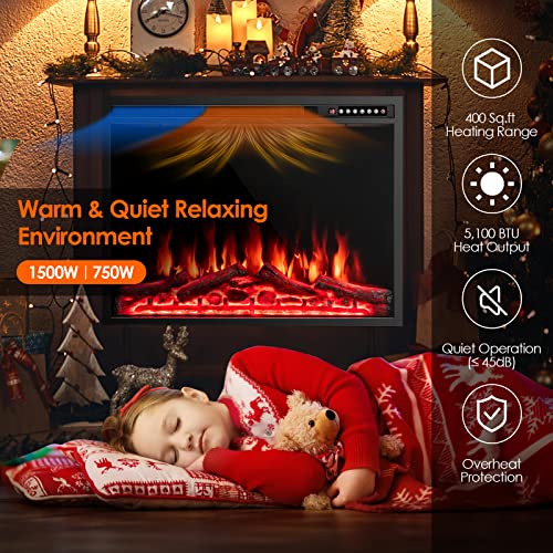 GOFLAME 34 Inch Electric Fireplace Insert, Freestanding & Recessed Ultra Thin Electric Fireplace with 5100 BTU Heat Output, 4 Flame Bed & Flame Colors, Remote Control, Overheat Protection, 750W/1500W