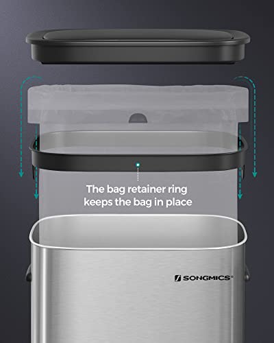 SONGMICS Motion Sensor Trash Can, 13 Gallon Automatic Garbage Can with Soft-Close Lid and Bag Retainer Ring, Stainless Steel, Touchless Kitchen Trash Bin, 15 Trash Bags Included, Silver ULTB610E50