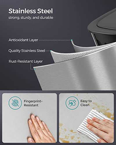 SONGMICS Motion Sensor Trash Can, 13 Gallon Automatic Garbage Can with Soft-Close Lid and Bag Retainer Ring, Stainless Steel, Touchless Kitchen Trash Bin, 15 Trash Bags Included, Silver ULTB610E50