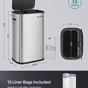 SONGMICS Motion Sensor Trash Can, 13 Gallon Automatic Garbage Can with Soft-Close Lid and Bag Retainer Ring, Stainless Steel, Touchless Kitchen Trash Bin, 15 Trash Bags Included, Silver ULTB610E50