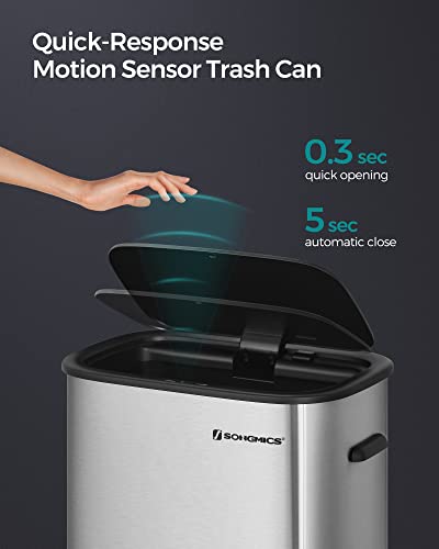 SONGMICS Motion Sensor Trash Can, 13 Gallon Automatic Garbage Can with Soft-Close Lid and Bag Retainer Ring, Stainless Steel, Touchless Kitchen Trash Bin, 15 Trash Bags Included, Silver ULTB610E50